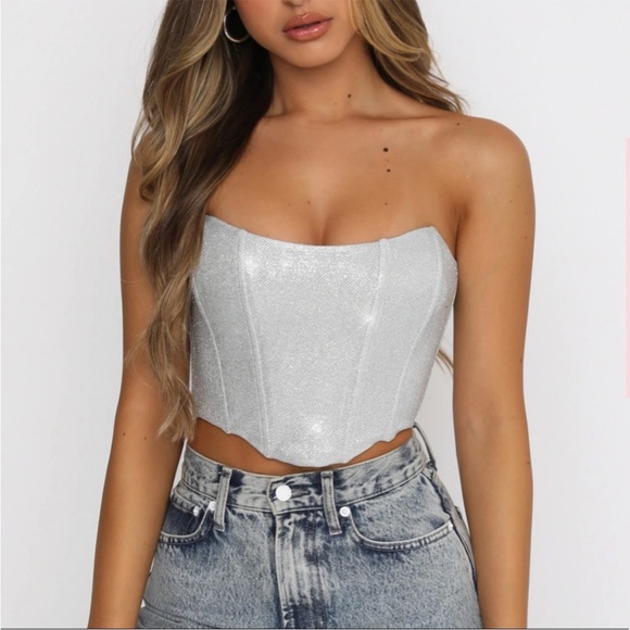 White Fox Boutique | Tops | White Fox Silver Glitter Shine Bright Bustier Strapless Crop Top ...